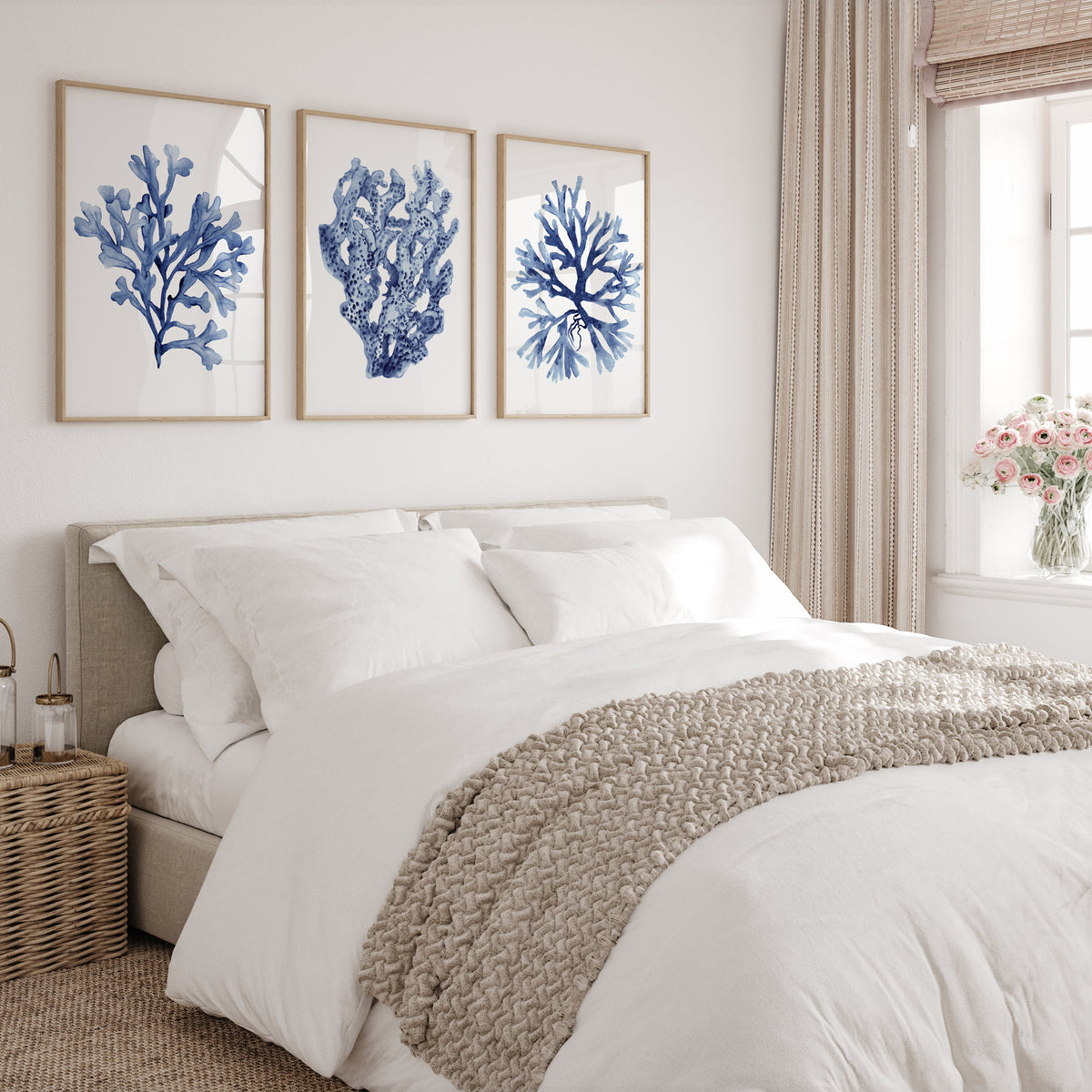 Blue Coral Wall Art Set of 3 – Coastal Watercolor Ocean Prints, Nautic ...