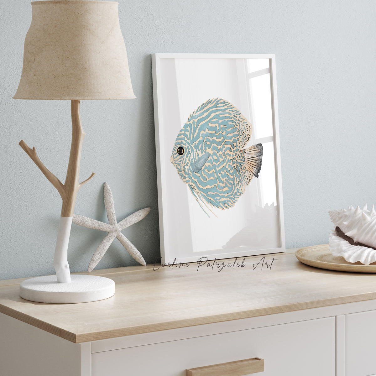 Coastal Teal Wall Art Set of 4 Watercolor Sea Life Prints of Fish, Sta ...