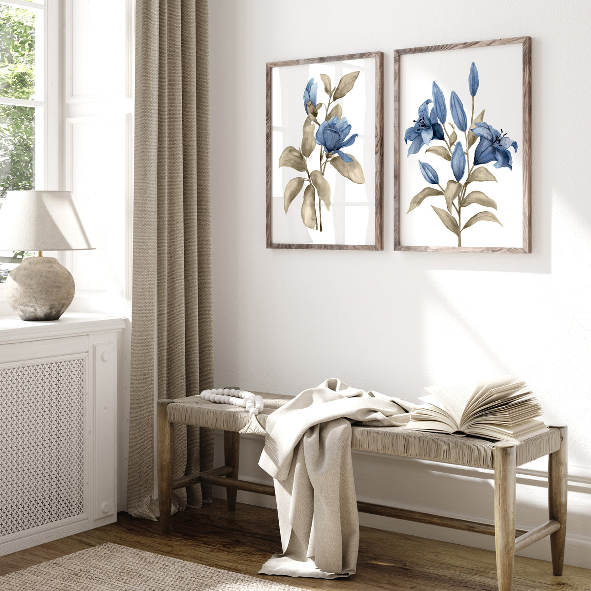 Navy blue botanical flower wall art set of 2 – Watercolor Botanicals