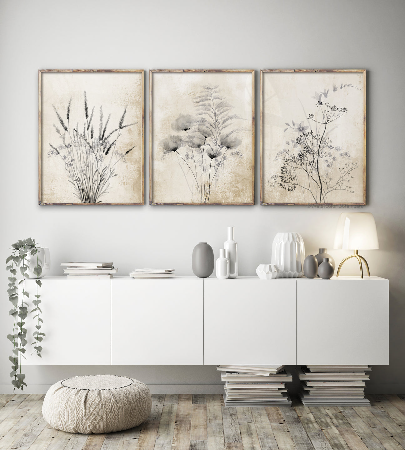 Modern farmhouse botanical set of 3 prints – Watercolor Botanicals